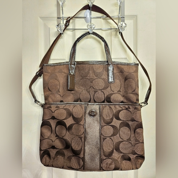 Coach | Bags | Coach Signature Brown Fold Over Overnight Crossbody Tote ...